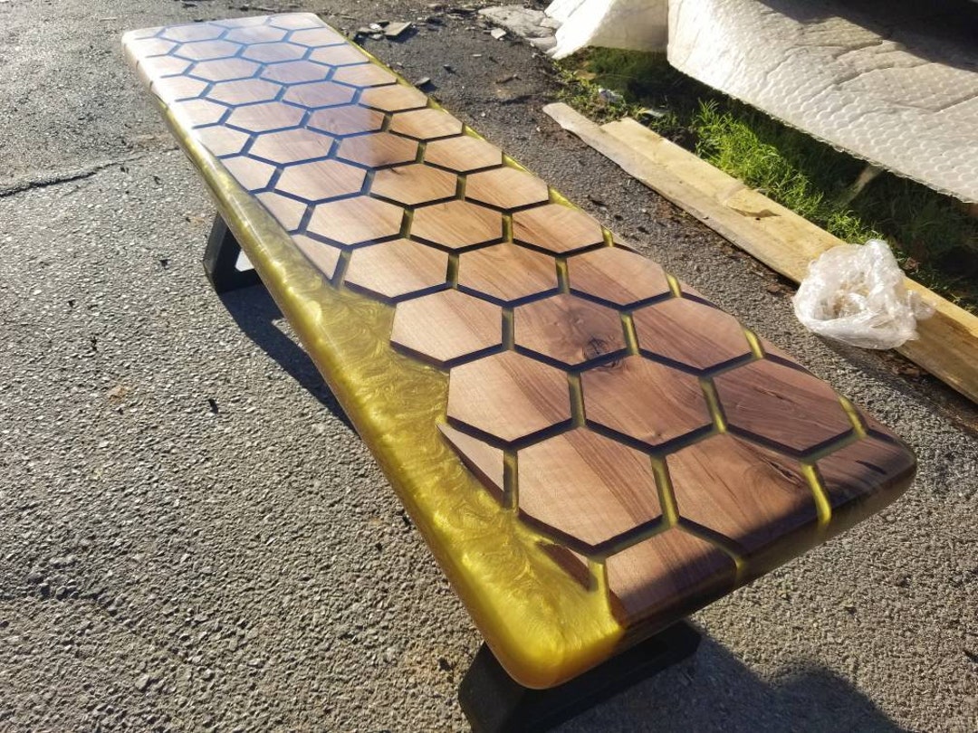 Hexagon Honeycomb Design Yellow Resin Walnut Wood Bench - Etsy