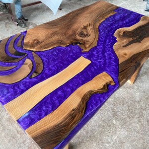 Purple Epoxy Walnut Wood Dining Table With Wooden Epoxy Legs - Handmade ...