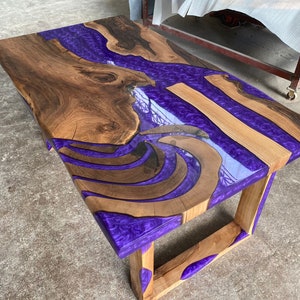 Purple Epoxy Walnut Wood Dining Table With Wooden Epoxy Legs - Handmade ...