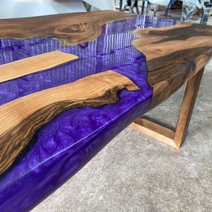 Purple Epoxy Walnut Wood Dining Table With Wooden Epoxy Legs - Handmade ...