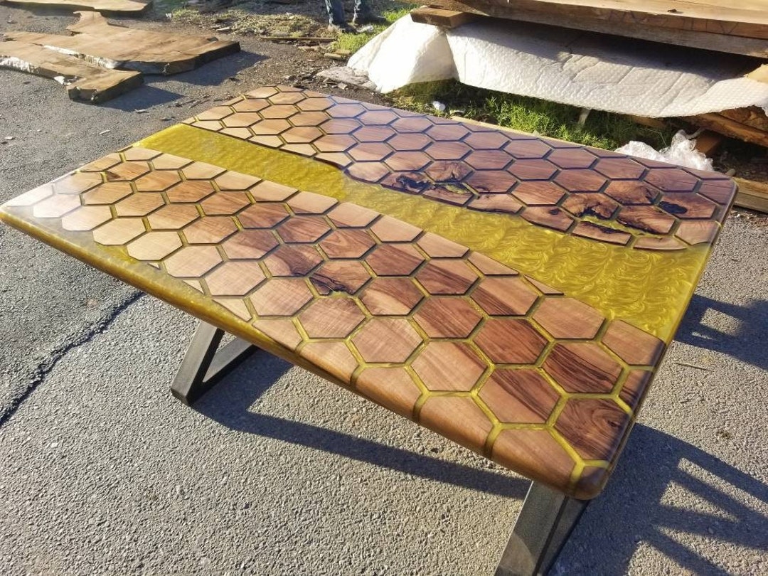 Hexagon Honeycomb Design Yellow Epoxy Table , Dining Table , Center ...