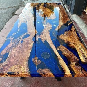 Wavy Blue Epoxy Olive Wood Dining Table - Traditional Coffee Cup Design ...