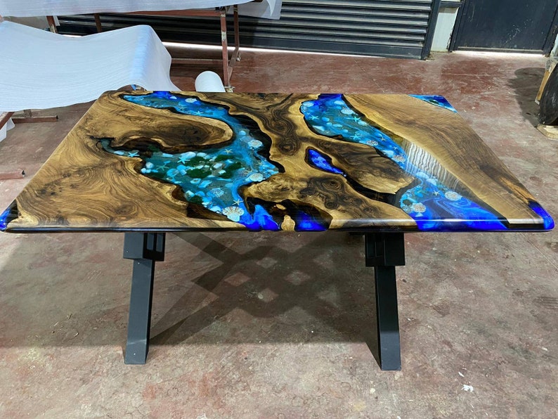 Epoxy Table Walnut Wood Ocean Blue Aquarium Live Edge Table - Etsy