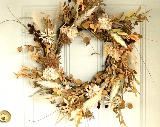 Fall Wreath Beige Pampas Grass With Cream Foxtails, Mustard Colored ...