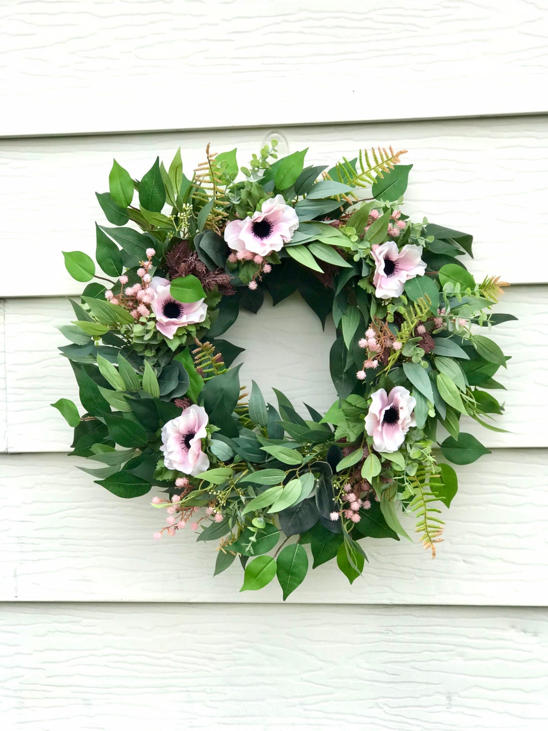 Pink Floral Anemone Wreath Ficus, Fern and Eucalyptus Greenery’s for ...