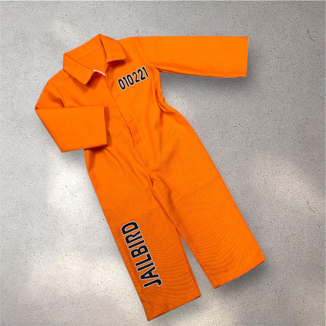 Kids Jailbird Prisoner Costume - Orange Jail Uniform With Custom Number ...