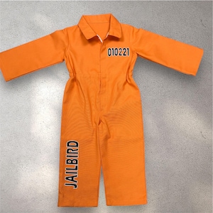 Kids Jailbird Prisoner Costume - Orange Jail Uniform With Custom Number ...