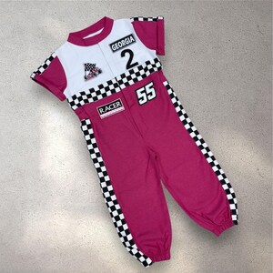 Personalized Pink Racer Jumpsuit for Babies and Toddlers - Short Sleeve ...