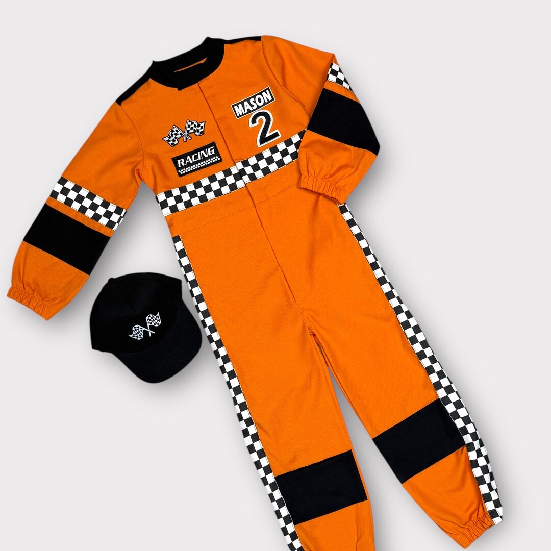 Custom Orange Race Car Driver Costume – Personalized Kids Racing Suit ...