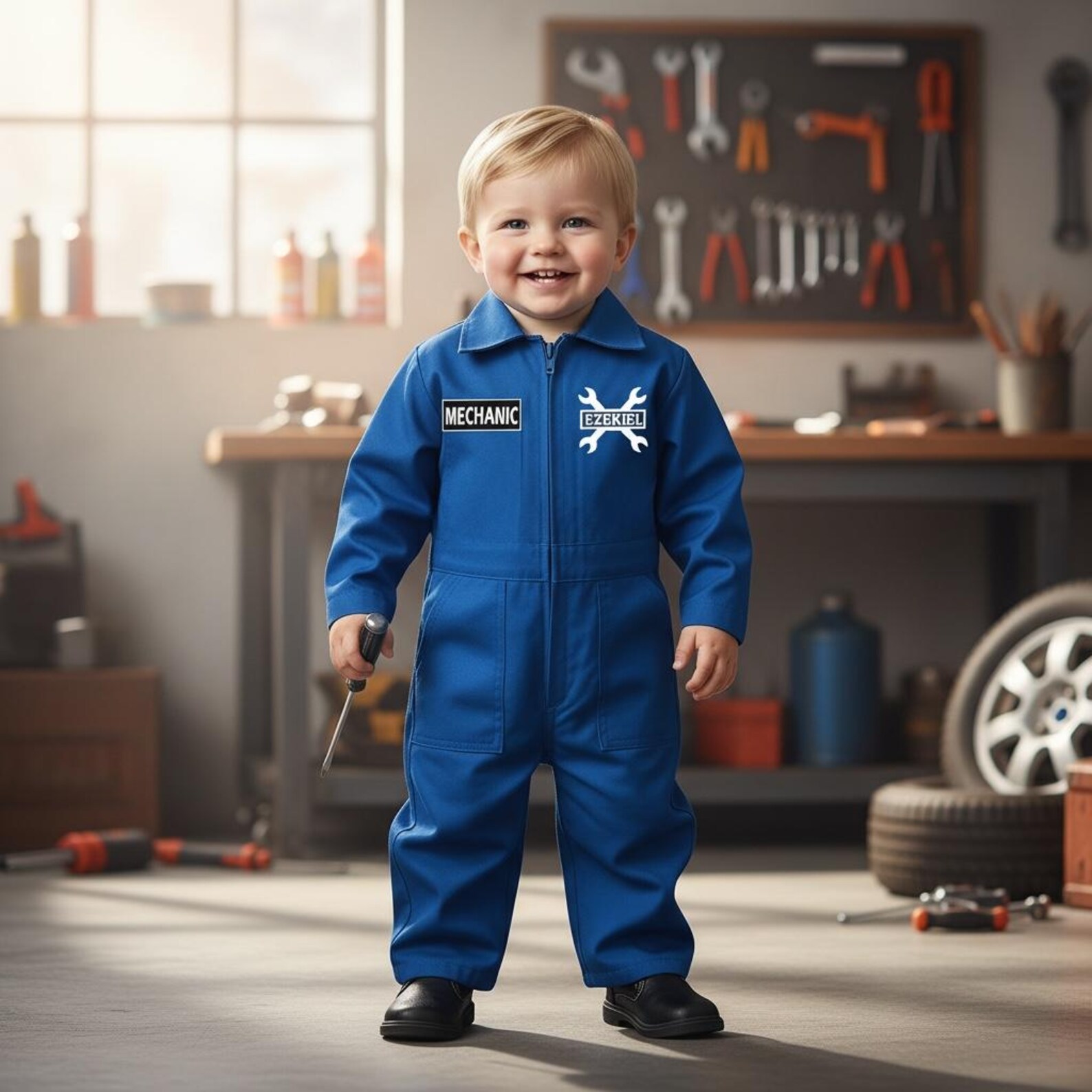 Personalized Blue Kids Mechanic Overalls - Toddler Serviceman Uniform ...