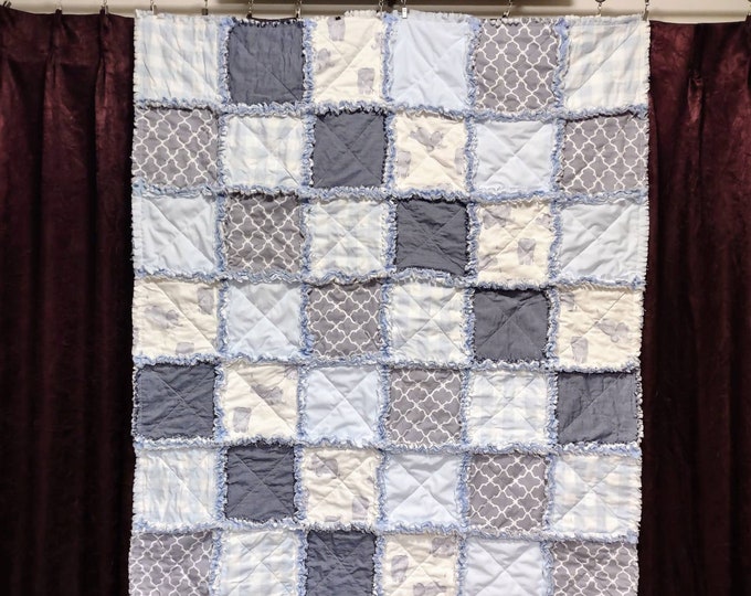 Baby Boy Rag Quilt in Baby Blues and Gray With Elephants - Etsy