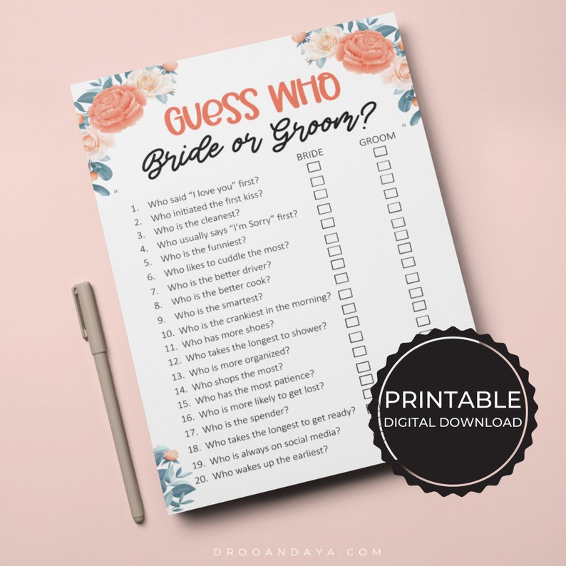 Bride or Groom Guess Game, Guess Who Said It, He Said She Said, Guess ...