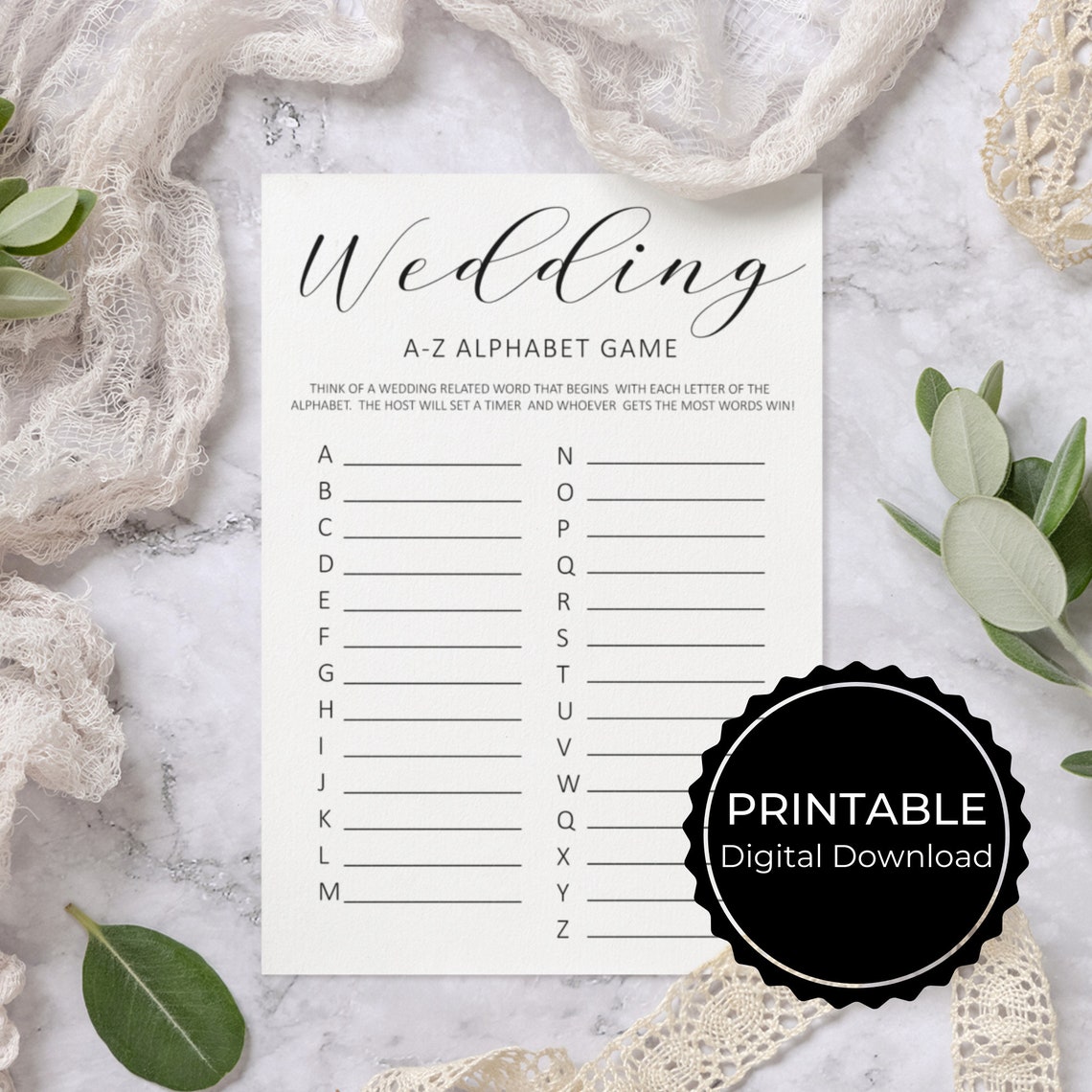 Wedding A-Z Printable Alphabet Game, Minimalist Wedding Activity ...