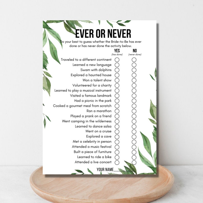 Ever or Never Bridal Shower Game, Bridal Shower Party Games, Bridal ...
