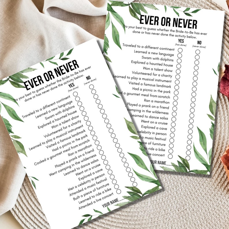 Ever or Never Bridal Shower Game, Bridal Shower Party Games, Bridal ...