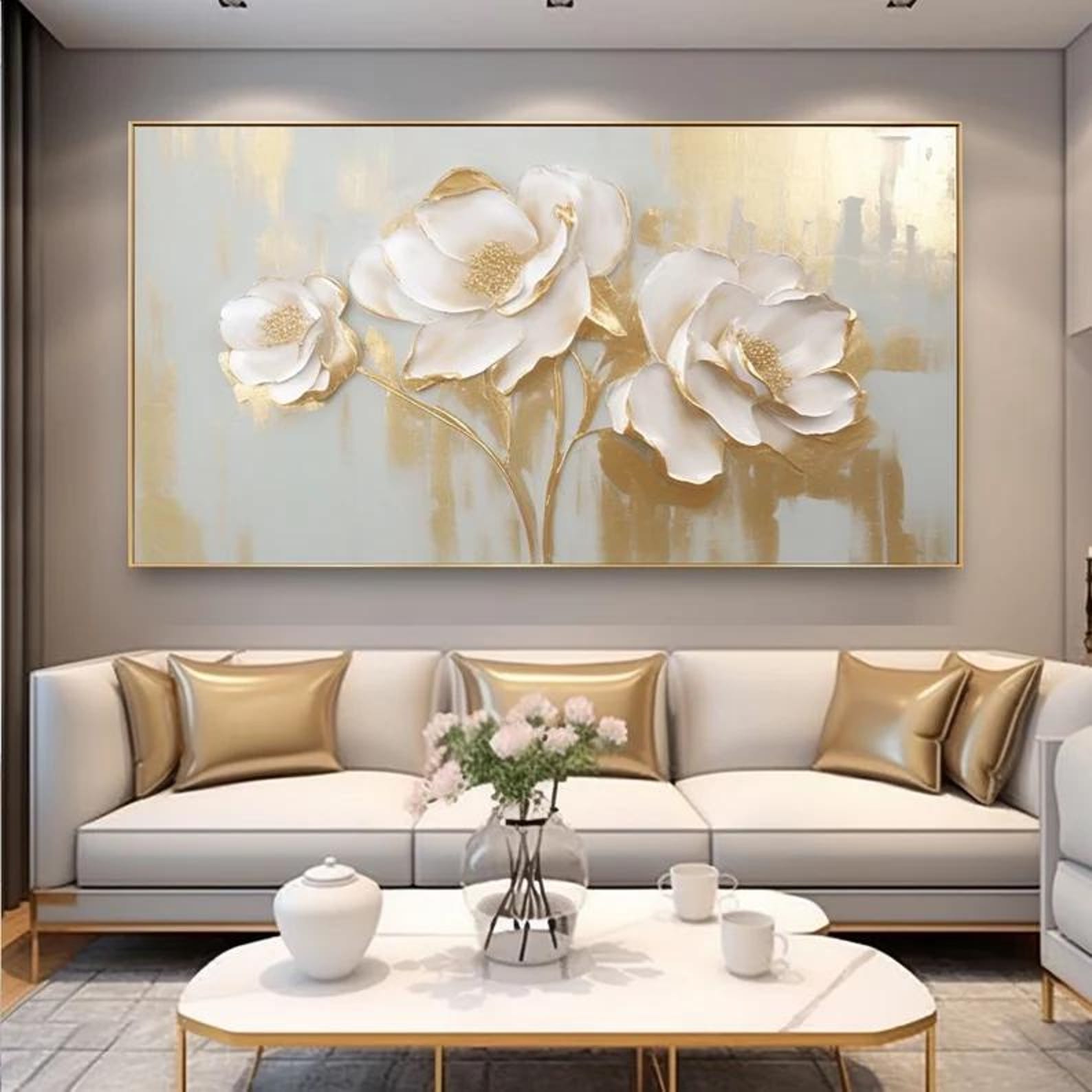 Original Large 3D Blooming Gold Flowers Scenery Oil Painting on Canvas ...