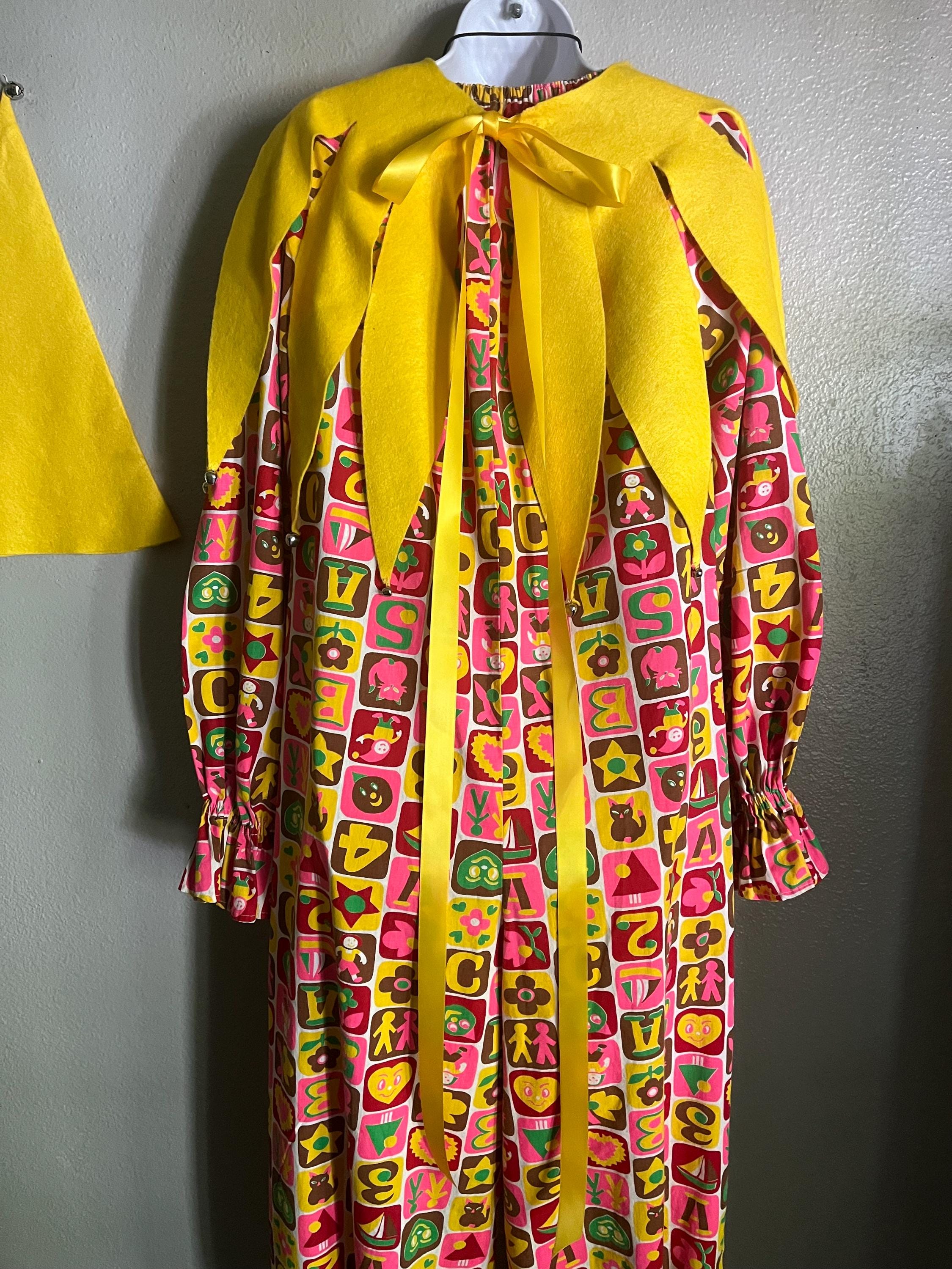 Vintage Clown Costume W/ Neck Ruffle & Hat, Homemade Cotton Halloween ...