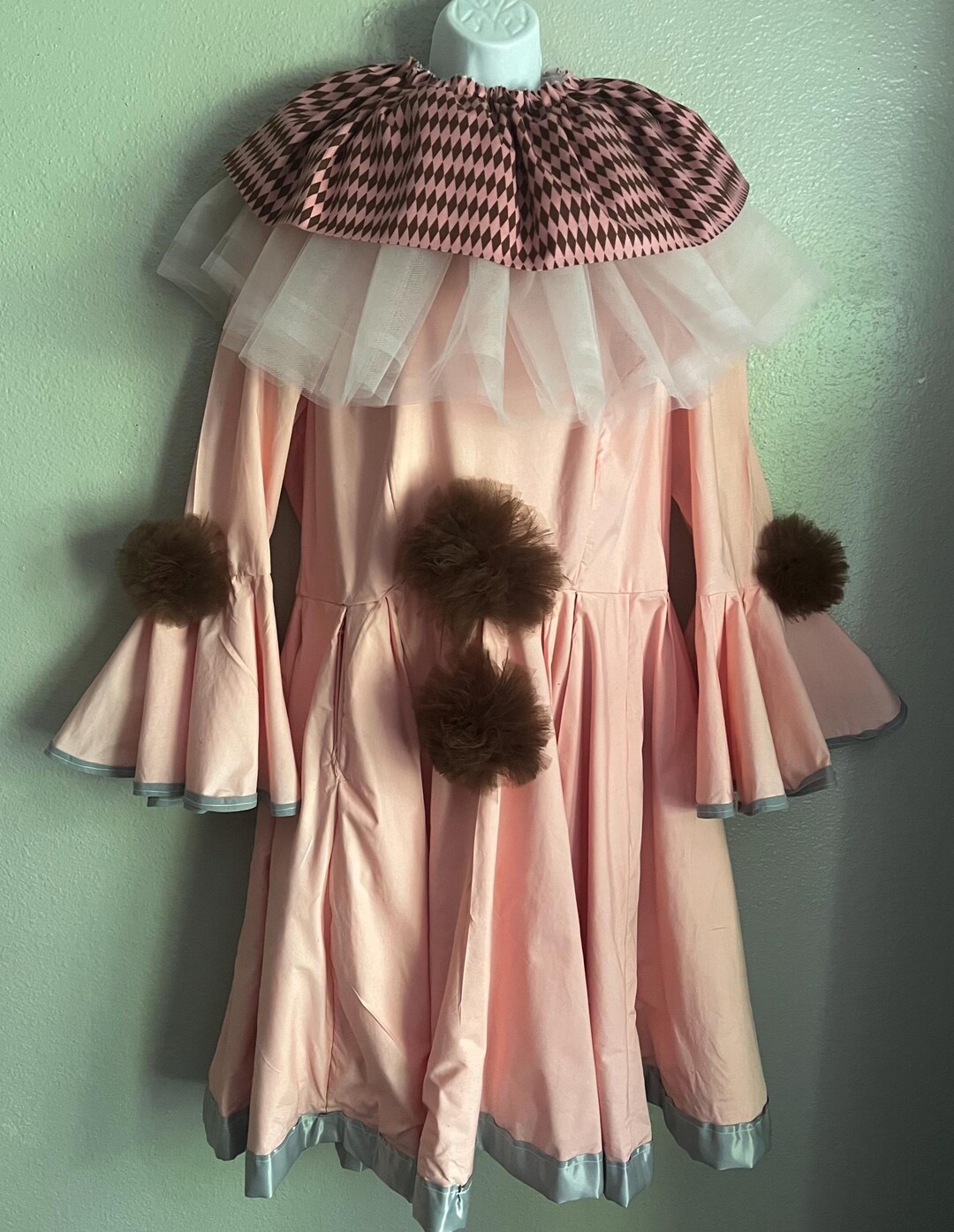 Vintage Pink Pierrette Harlequin Clown Costume, Neck Ruffle & Pompoms ...