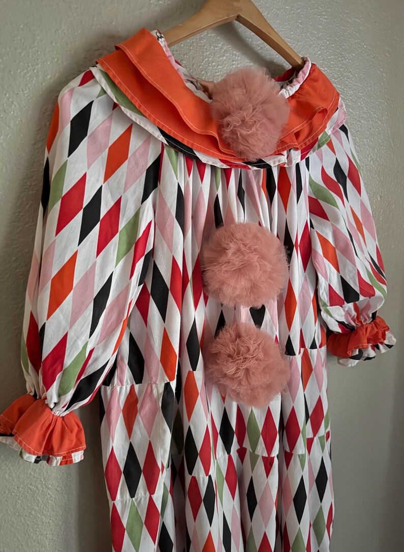 Vintage 1940s Clown Costume, Homemade Cotton Harlequin Costume W/ Poms ...