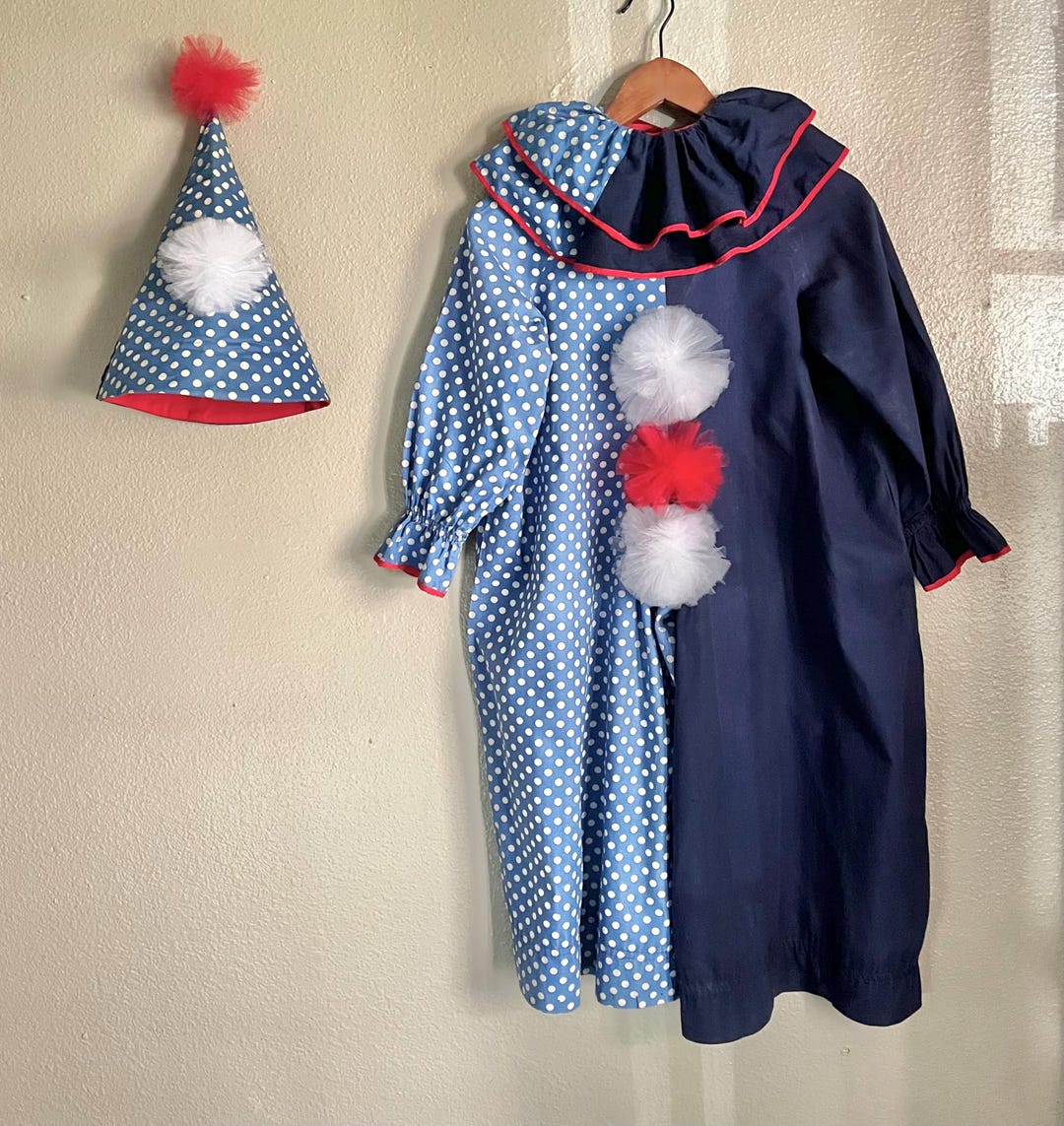 Vintage Clown Costume, Homemade Cotton Costume W/ Neck Ruffle & Hat ...