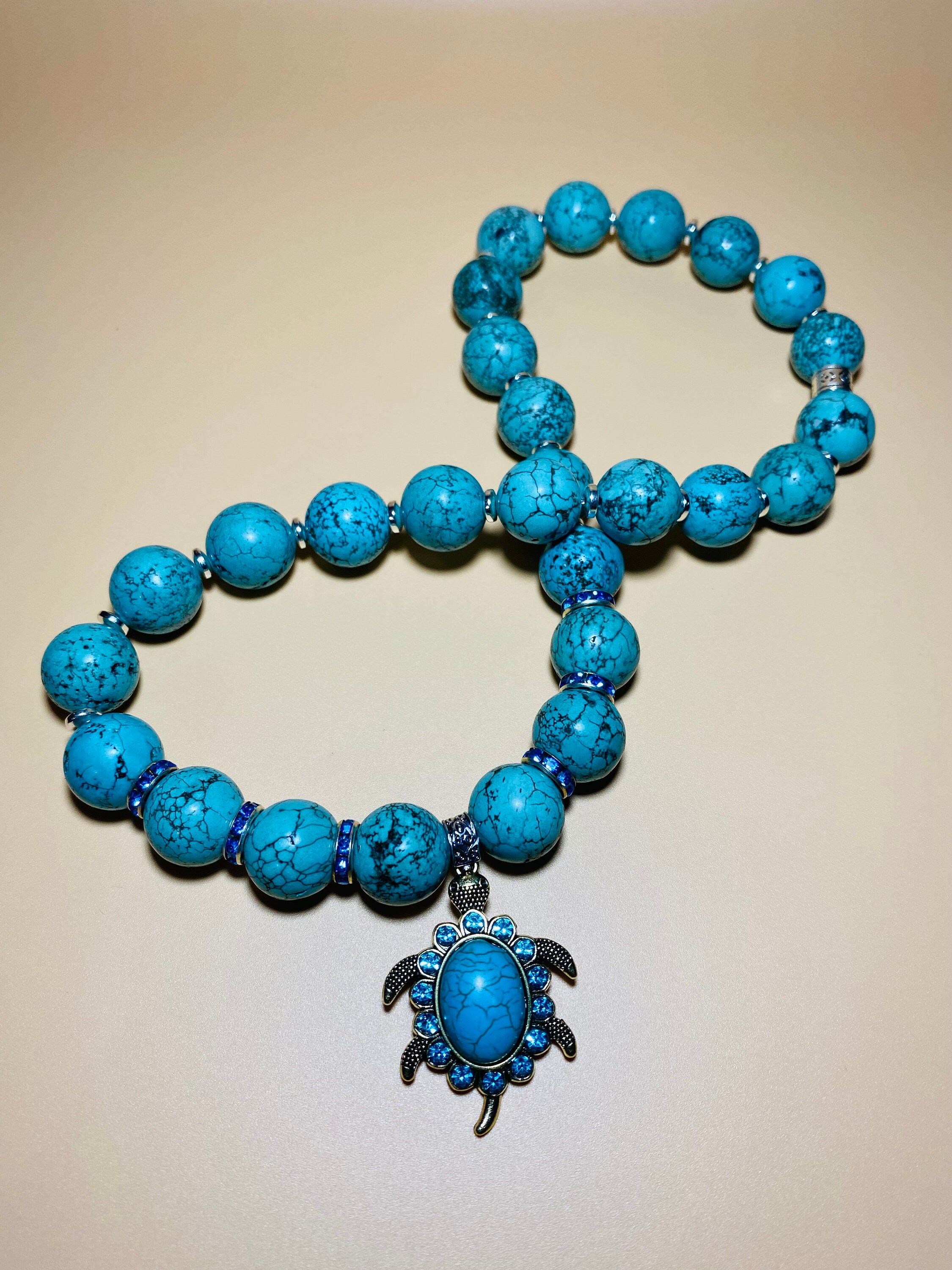 Turquoise Necklace, Sea Turtle Pendant Charm and Rhinestone Accents ...