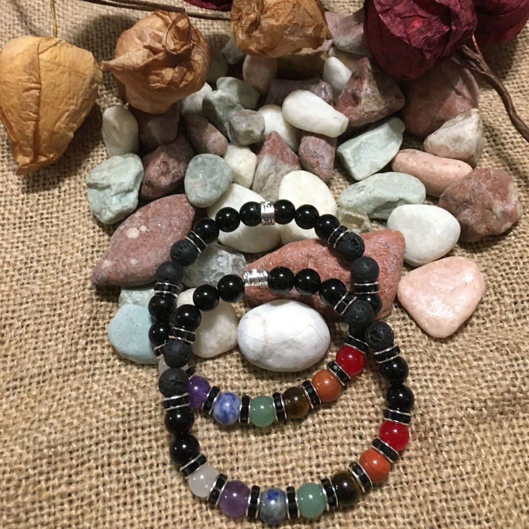 Chakra Bracelet Set: Onyx, Lava Rock, and Gemstone Healing Beads - Etsy
