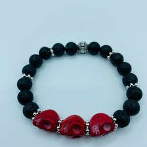 Day of the Dead Lava Rock Bracelet, Red Skull Beads - Dia De Los ...