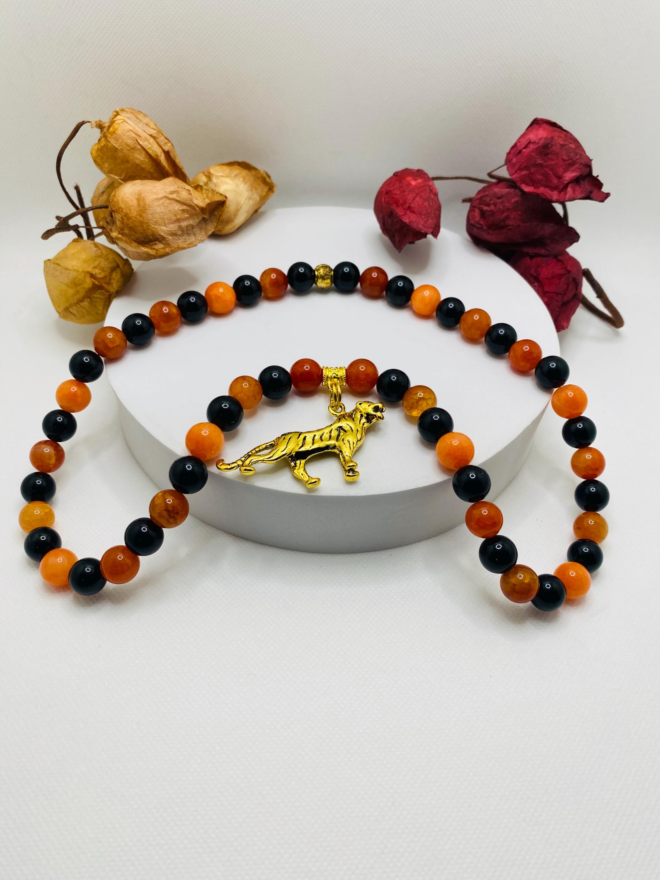 Cincinnati Bengals Necklace, Men's Gemstone Beaded Tiger Charm Pendant ...