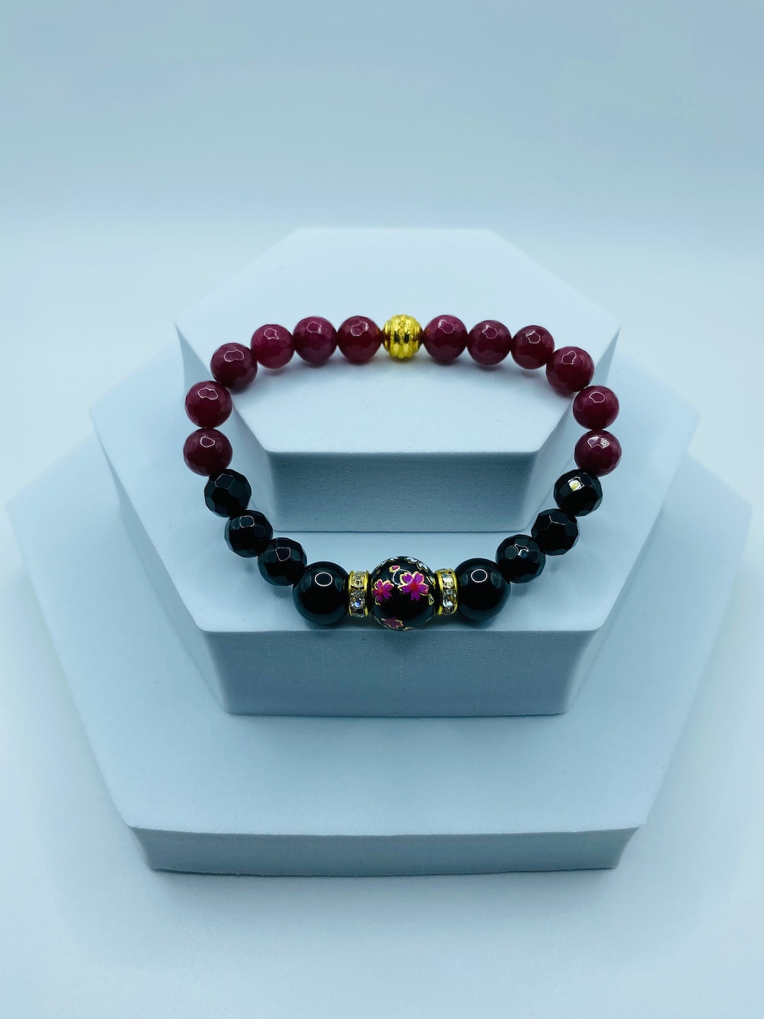 Mens Bracelet Black Onyx and Red Jade Gemstone Beads & Hand Painted ...