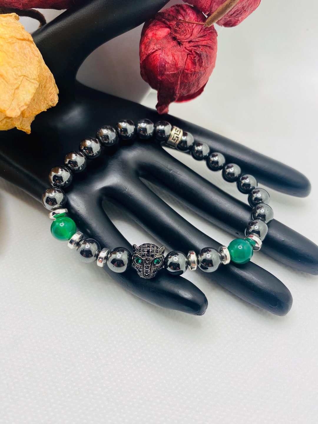 Black Panther Hematite Bracelet: Green Jade Gemstone Beads, Handmade - Etsy