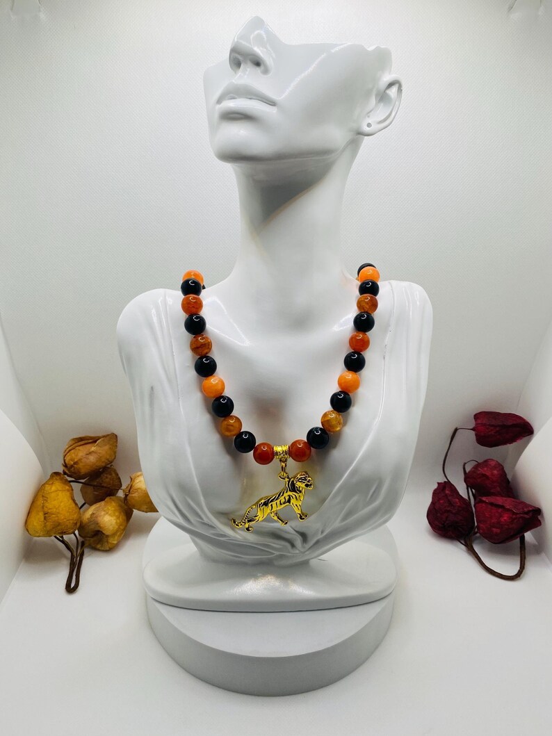 Cincinnati Bengals Necklace, Men's Gemstone Beaded Tiger Charm Pendant ...