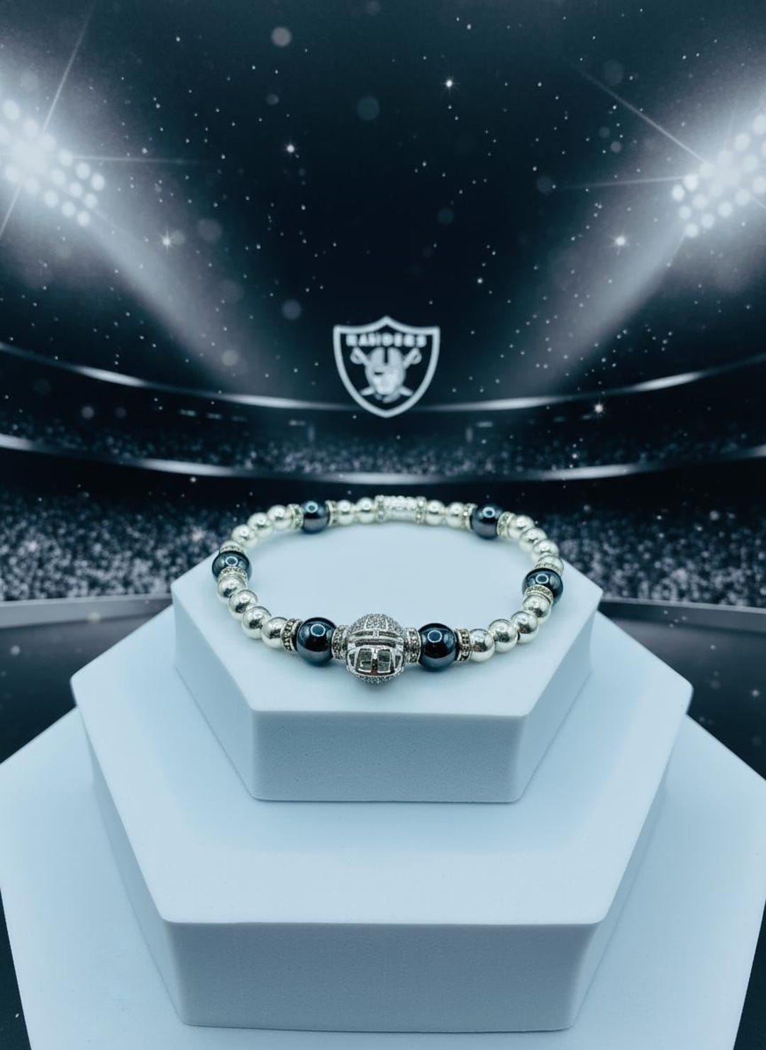 Las Vegas Raiders Men's Bracelet Hematite CZ Football Helmet NFL ...