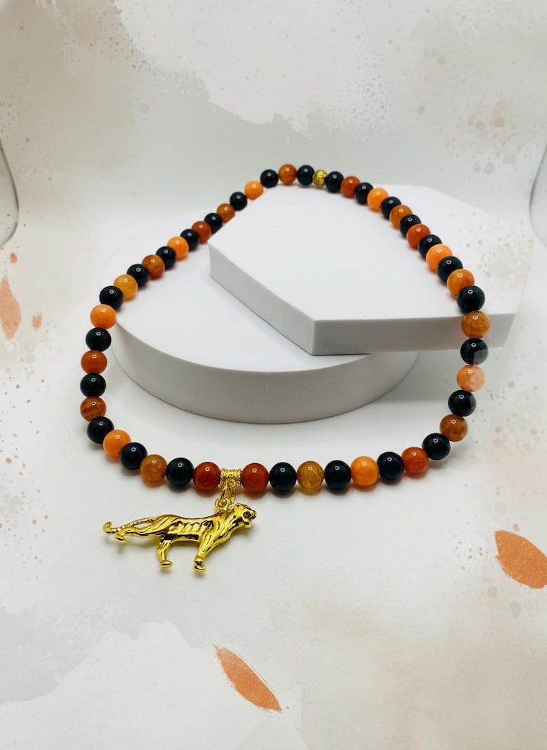 Cincinnati Bengals Necklace, Men's Gemstone Beaded Tiger Charm Pendant ...