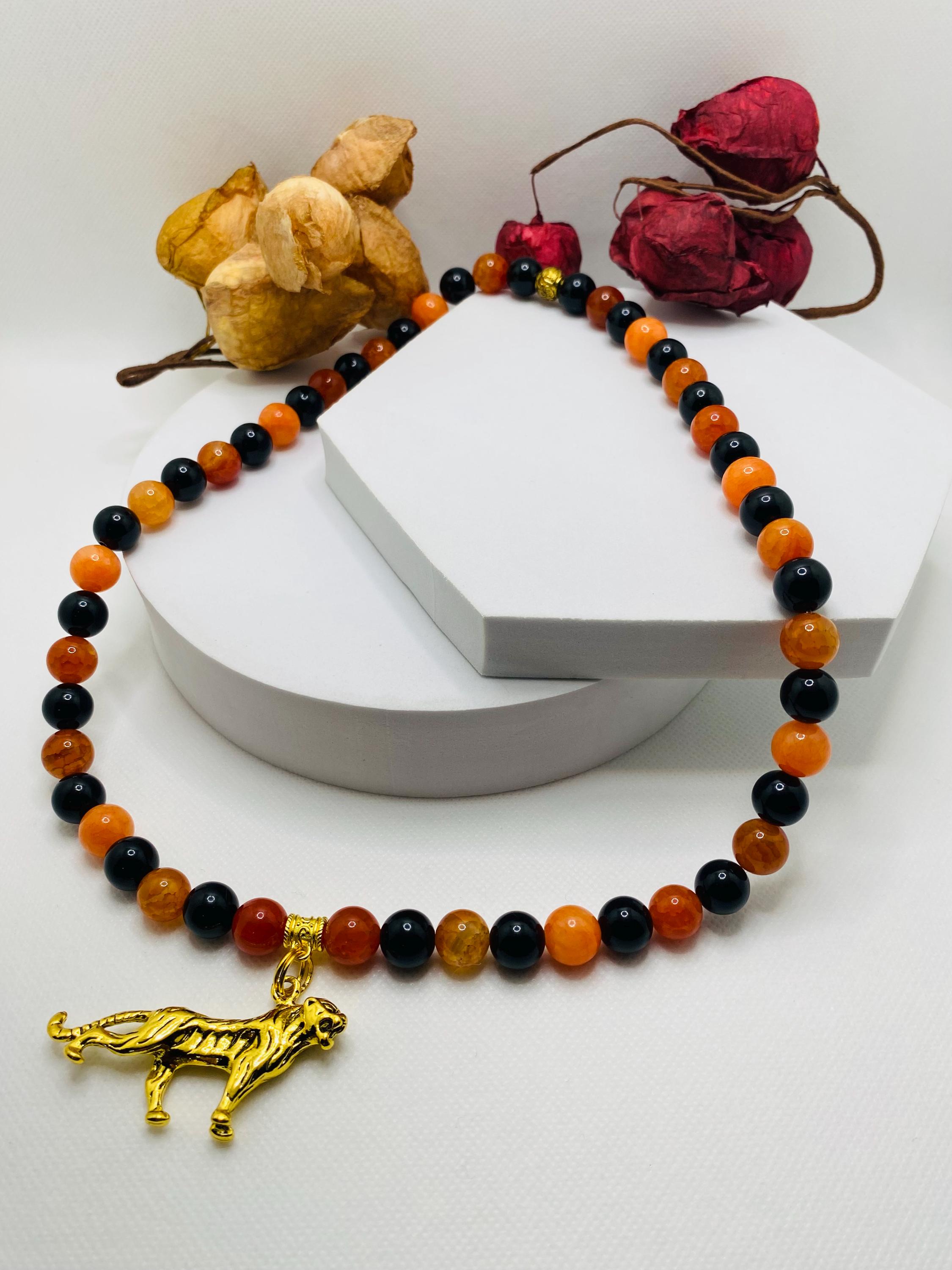 Cincinnati Bengals Necklace, Men's Gemstone Beaded Tiger Charm Pendant ...