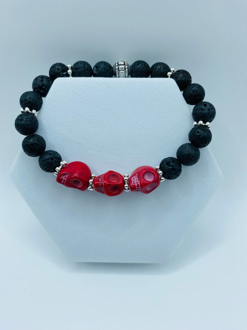 Day of the Dead Lava Rock Bracelet, Red Skull Beads Dia De Los Muertos ...