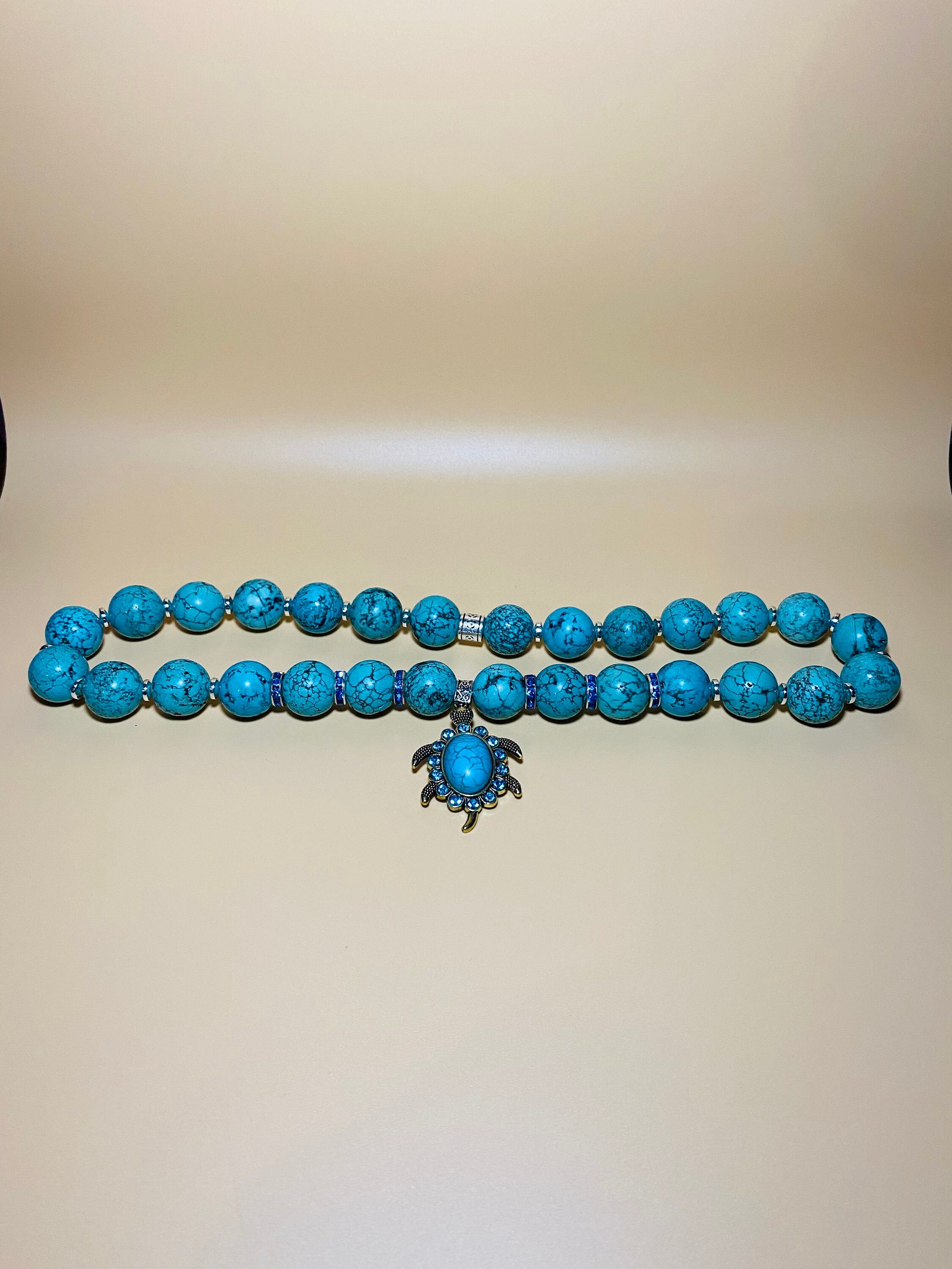 Turquoise Necklace, Sea Turtle Pendant Charm and Rhinestone Accents ...