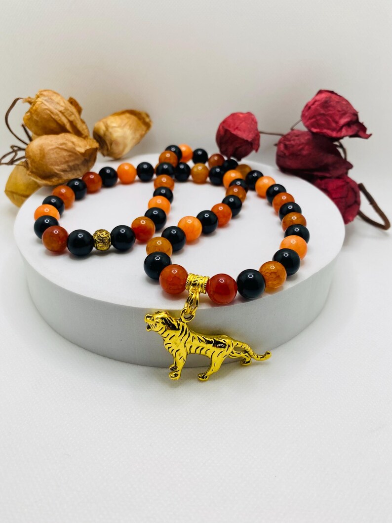 Cincinnati Bengals Necklace, Men's Gemstone Beaded Tiger Charm Pendant ...