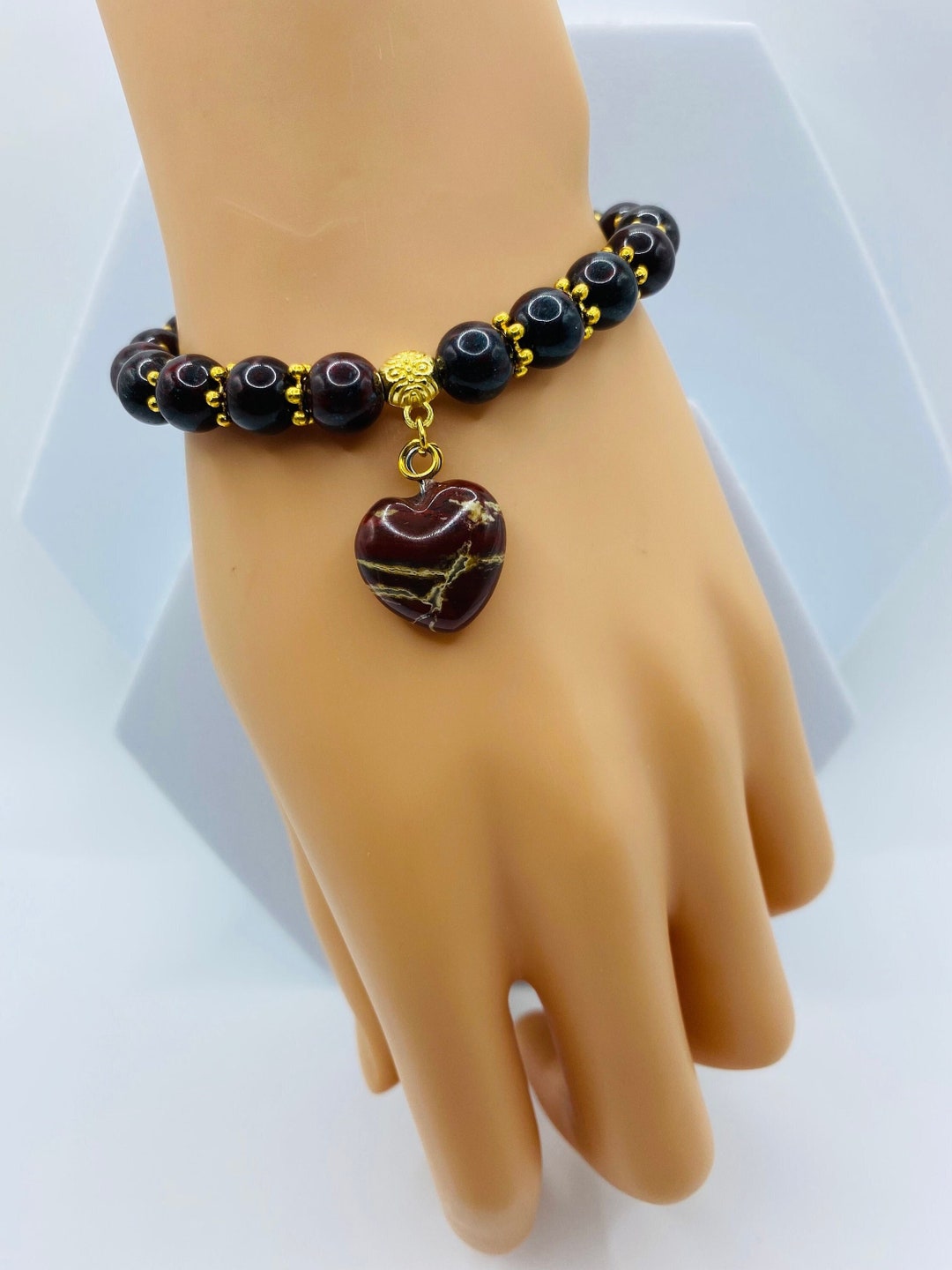 Poppy Jasper Heart Pendant Bracelet: Gold Accents, Gemstone Beads - Etsy