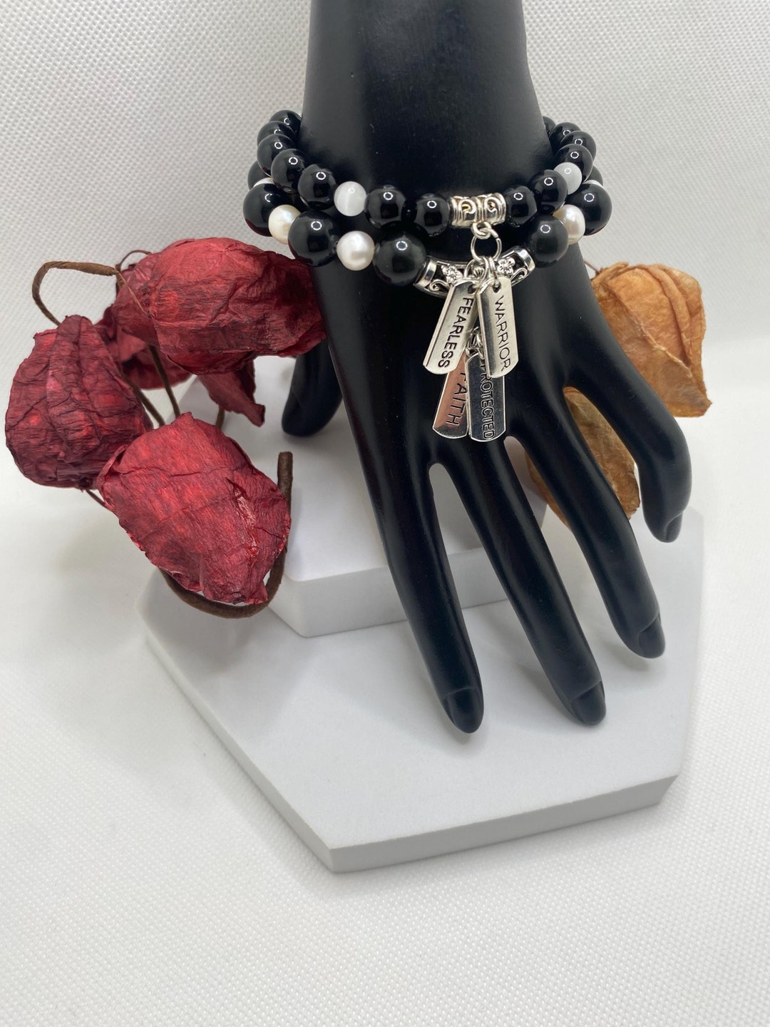 Obsidian & Pearl Charm Bracelet: Stainless Steel Inspirational Quotes ...