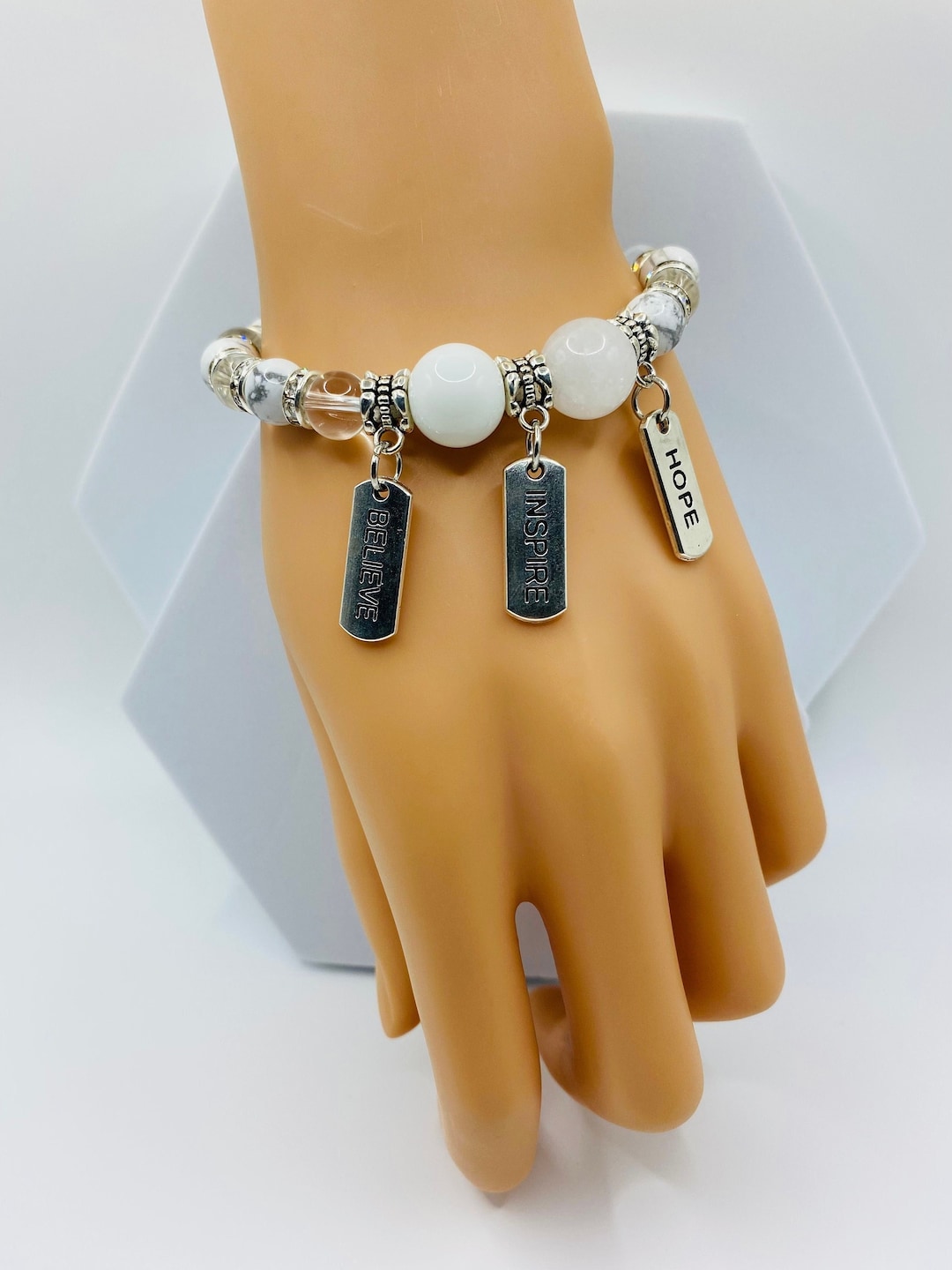 Inspirational Gemstone Bead Bracelet: Stainless Steel Word Charms - Etsy