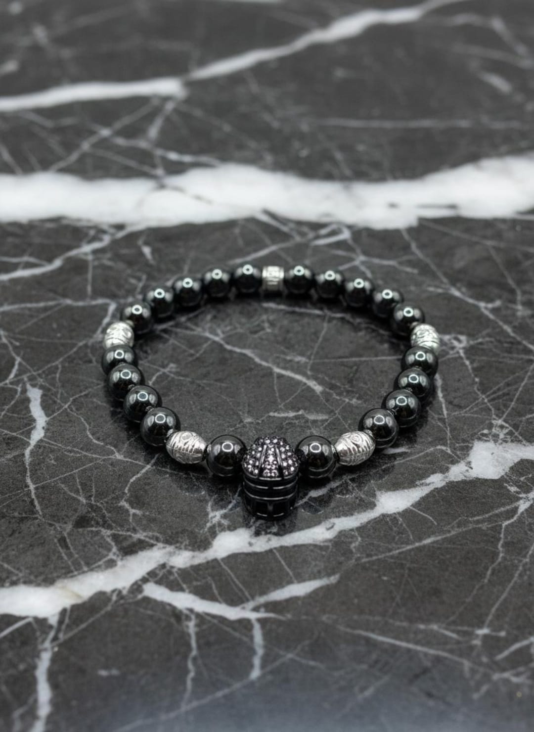 Las Vegas Raiders Mens Bracelet - Hematite Gemstone Beads & Football ...