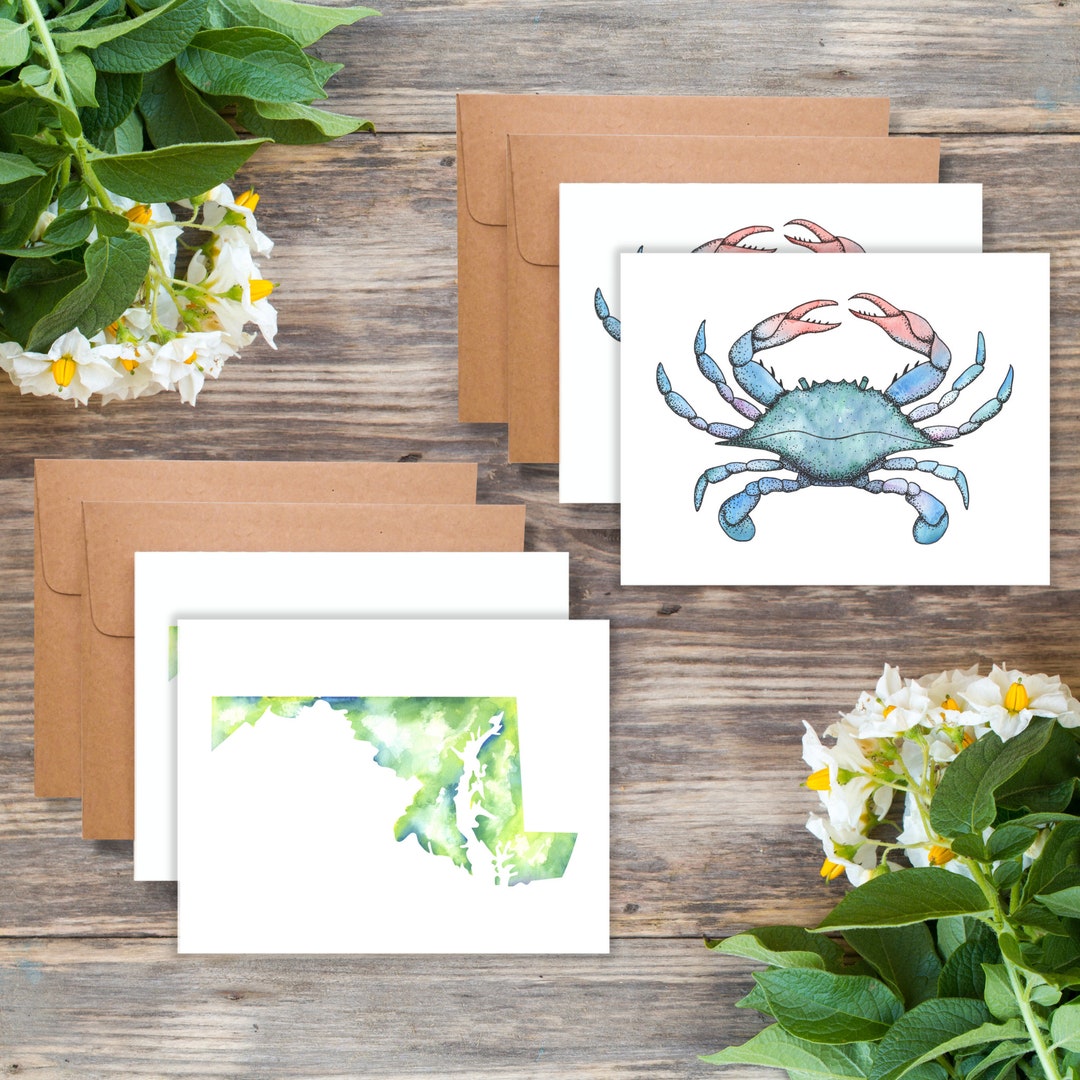Maryland Greeting Card Set: Blue Crab & Watercolor Map Notecards - Etsy