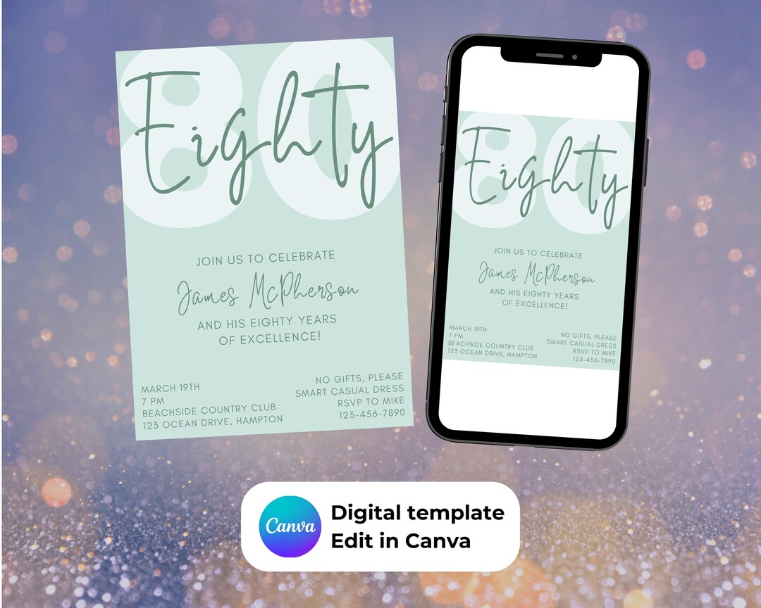 Digital 80th Birthday Invitation: Editable Party Template (canva) - Etsy