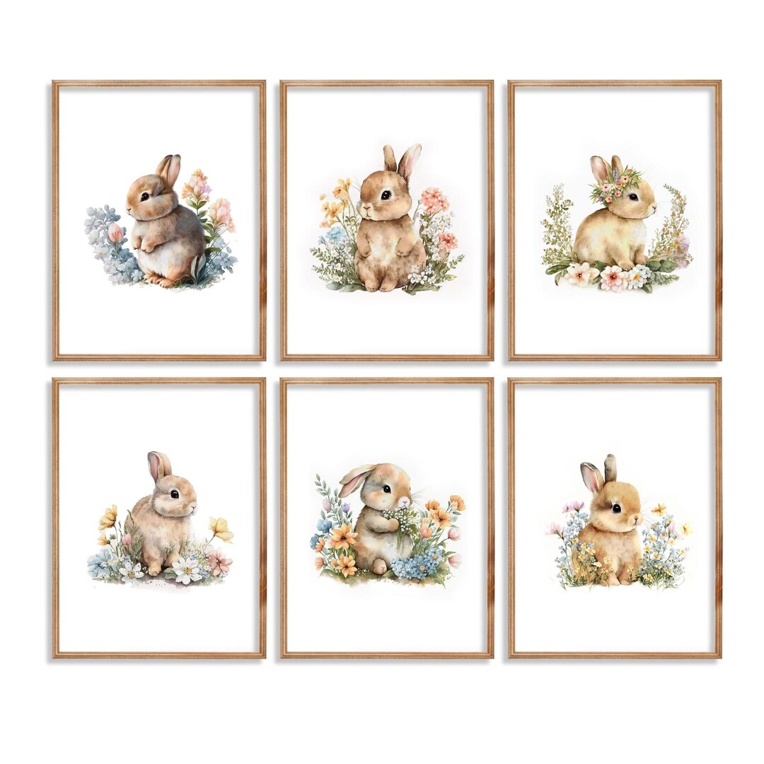 Watercolor Bunny Print Digital Download Cute Bunny Sitting in Flowers ...