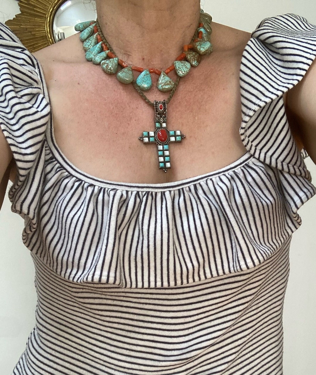 Large Southwestern Turquoise & Coral Cross Pendant, 925 - Etsy