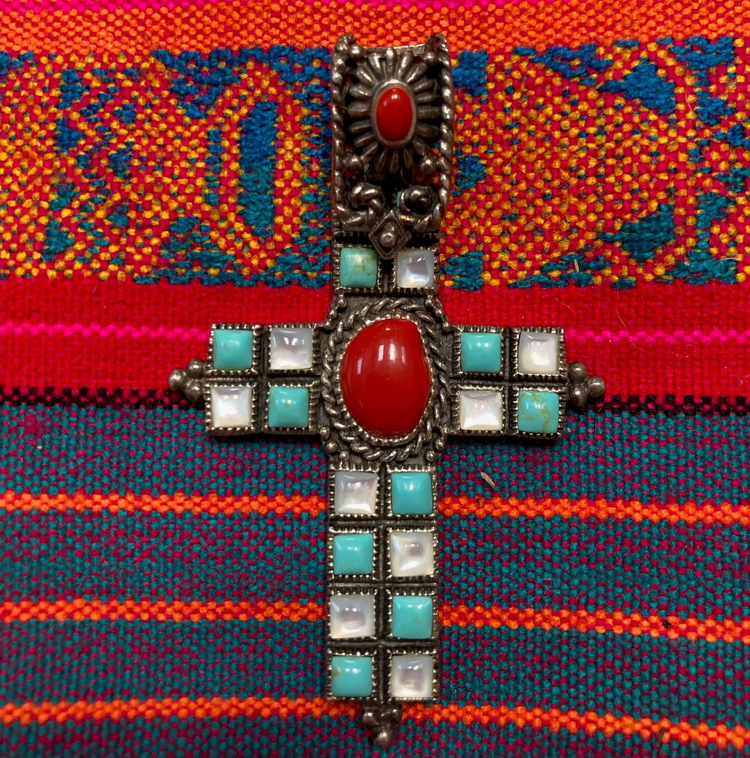 Large Southwestern Turquoise & Coral Cross Pendant, 925 - Etsy