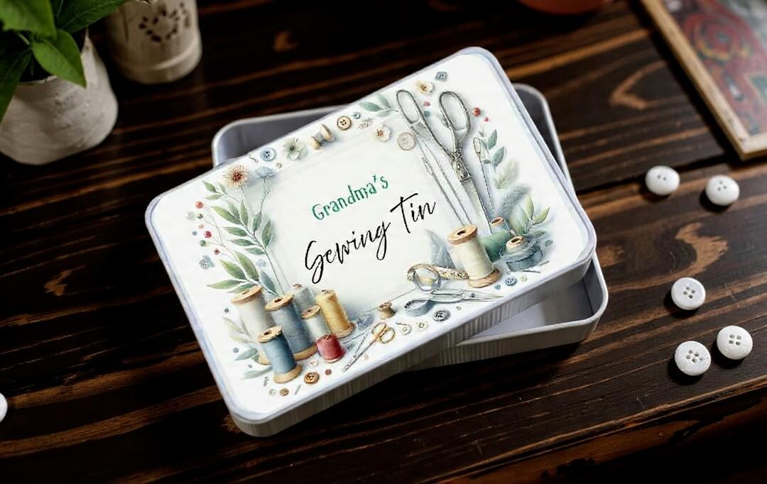 Sewing Tin. Lovely Personalised Metal Storage Needle Work, Bobbins Box ...