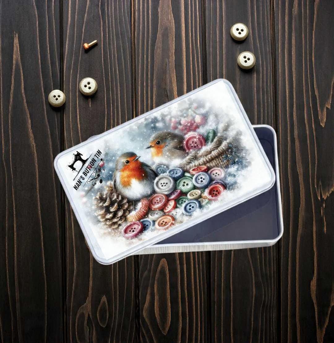 Button Tin. A Lovely Christmas Robin Metal Storage Sewing Box, Bobbins ...