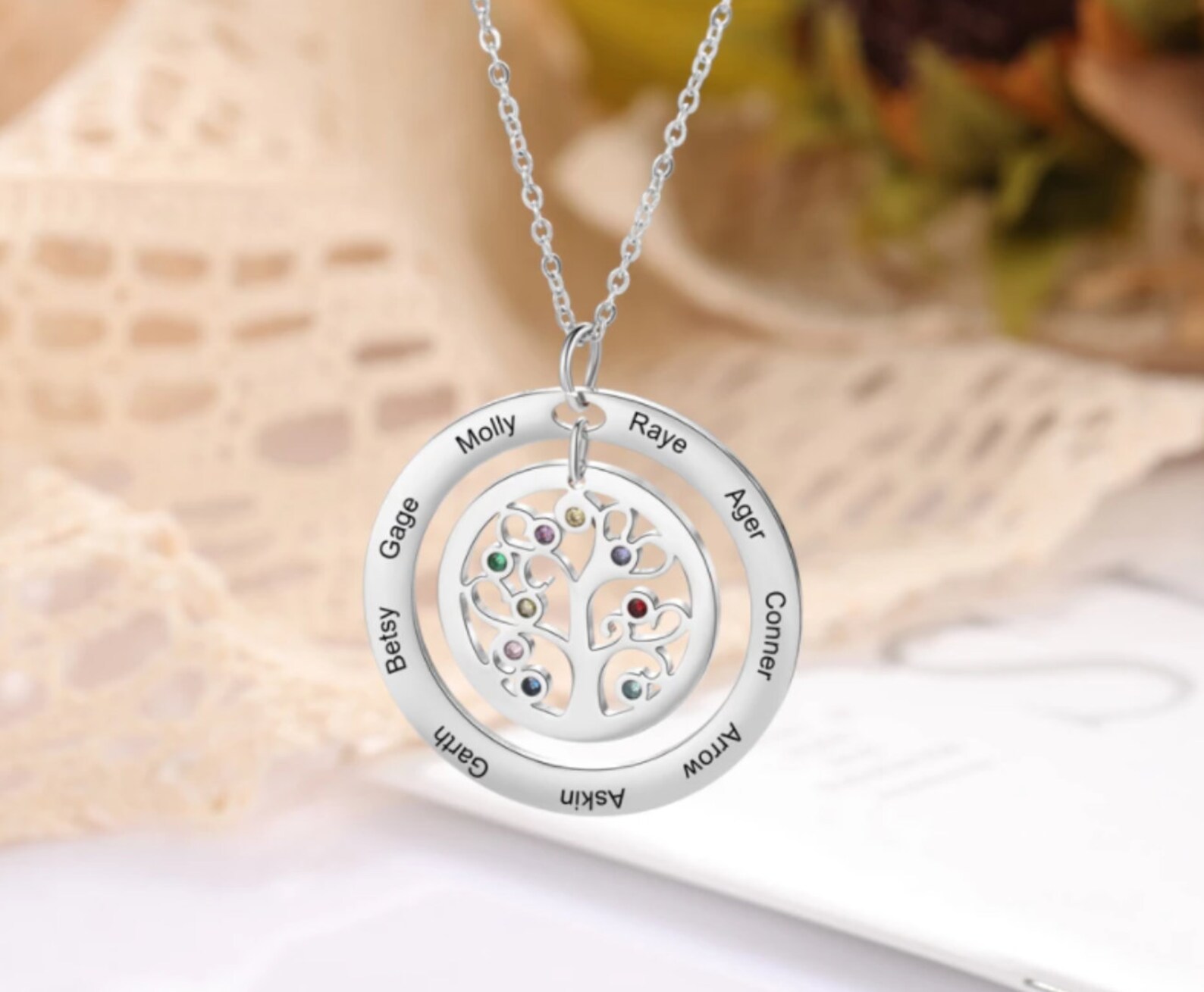 Custom Family Tree Pendant Necklace With Birthstones Cubic | Etsy