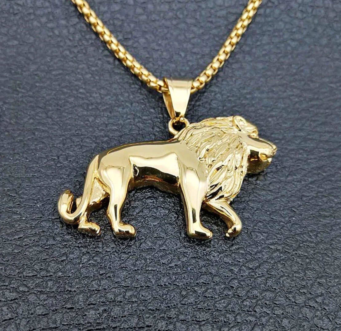 Walking Lion Pendant Necklace Animal Stainless Steel Metal Jewelry Gold ...